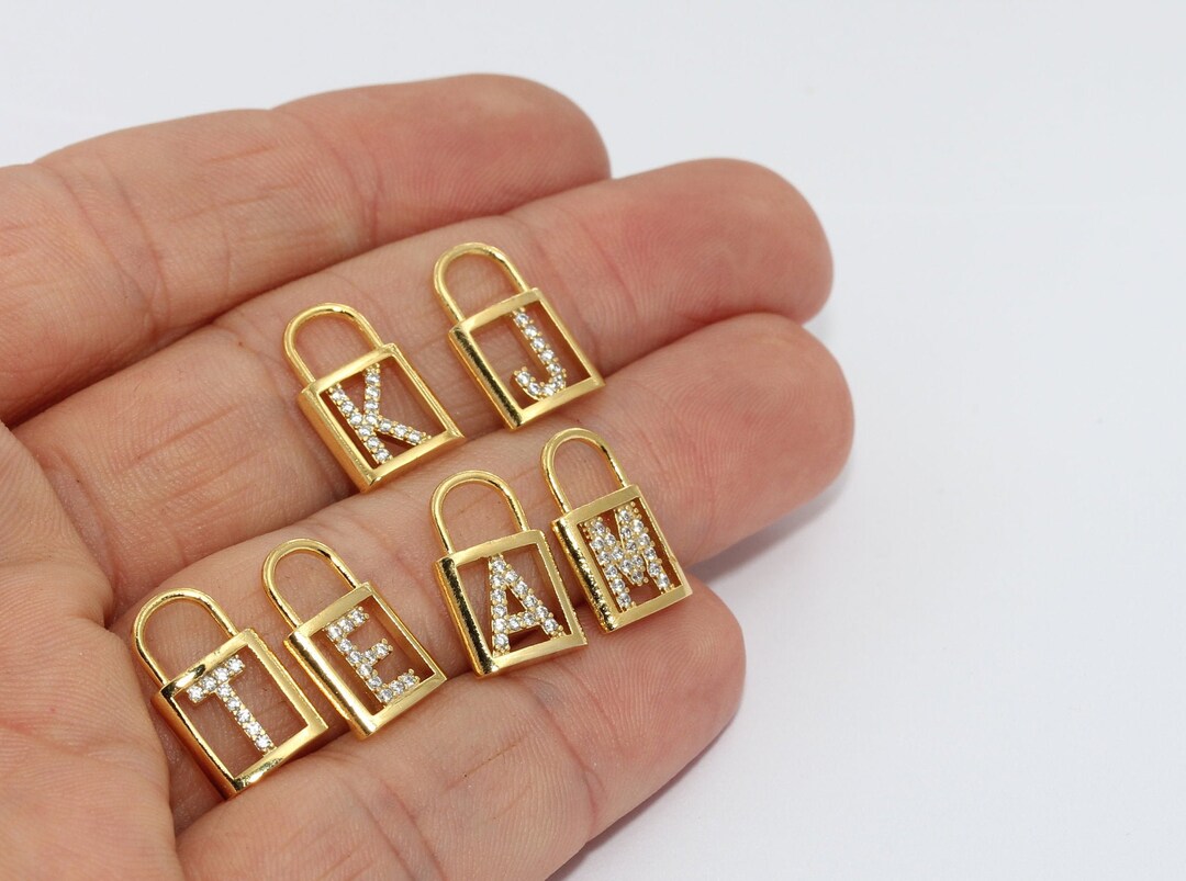 10x16mm 24k Shiny Gold Letter Charms, CZ Padlock Letter Beads, White ...