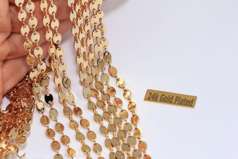 18k Shiny Gold Plated Oval Coin Chain, Disc Charm Chain, Bracelet ...
