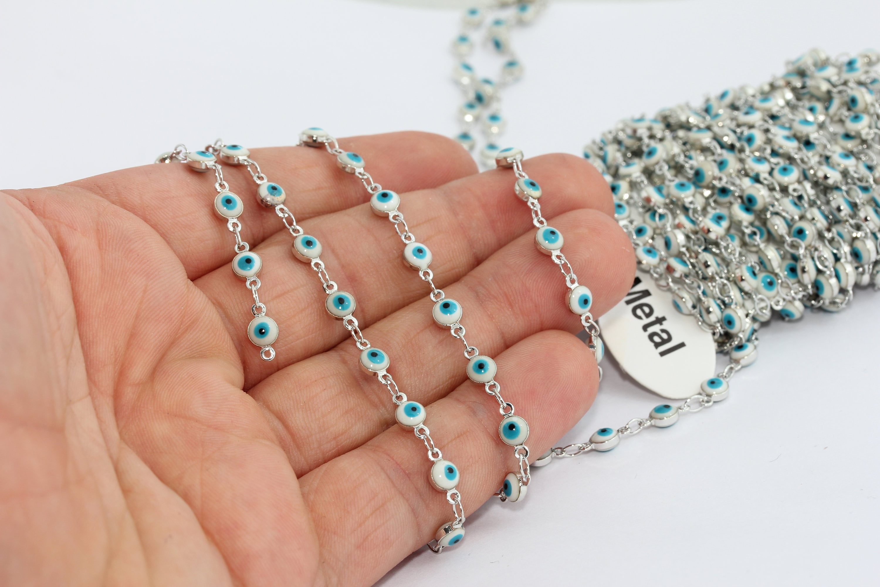 4x6mm Rhodium Plated Evil Eye Chain, Beaded Chains, Drop Bar Chain ...