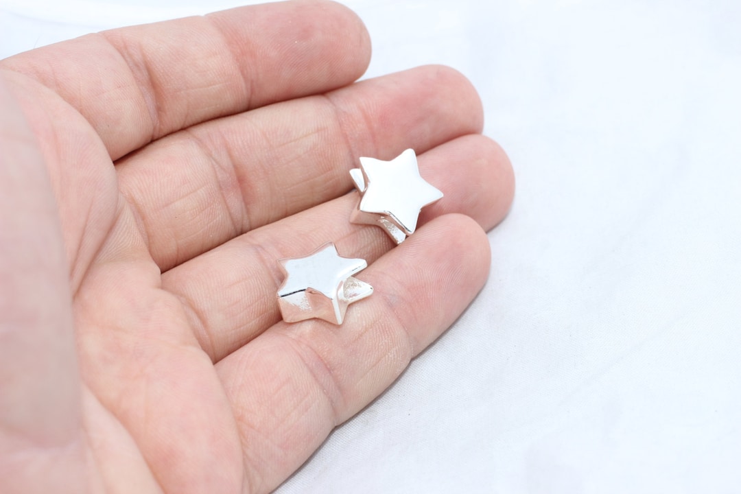 15mm Silver Plated Star Beads, Large Hole Beads, Star Charms, Star ...