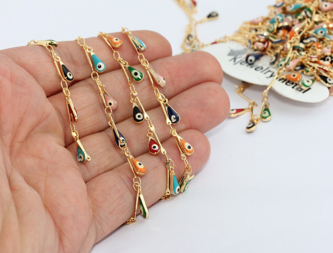 3,3 Feet 4x10mm 24k Shiny Gold Evil Eye Chain, Evil Eye Beaded Chains ...