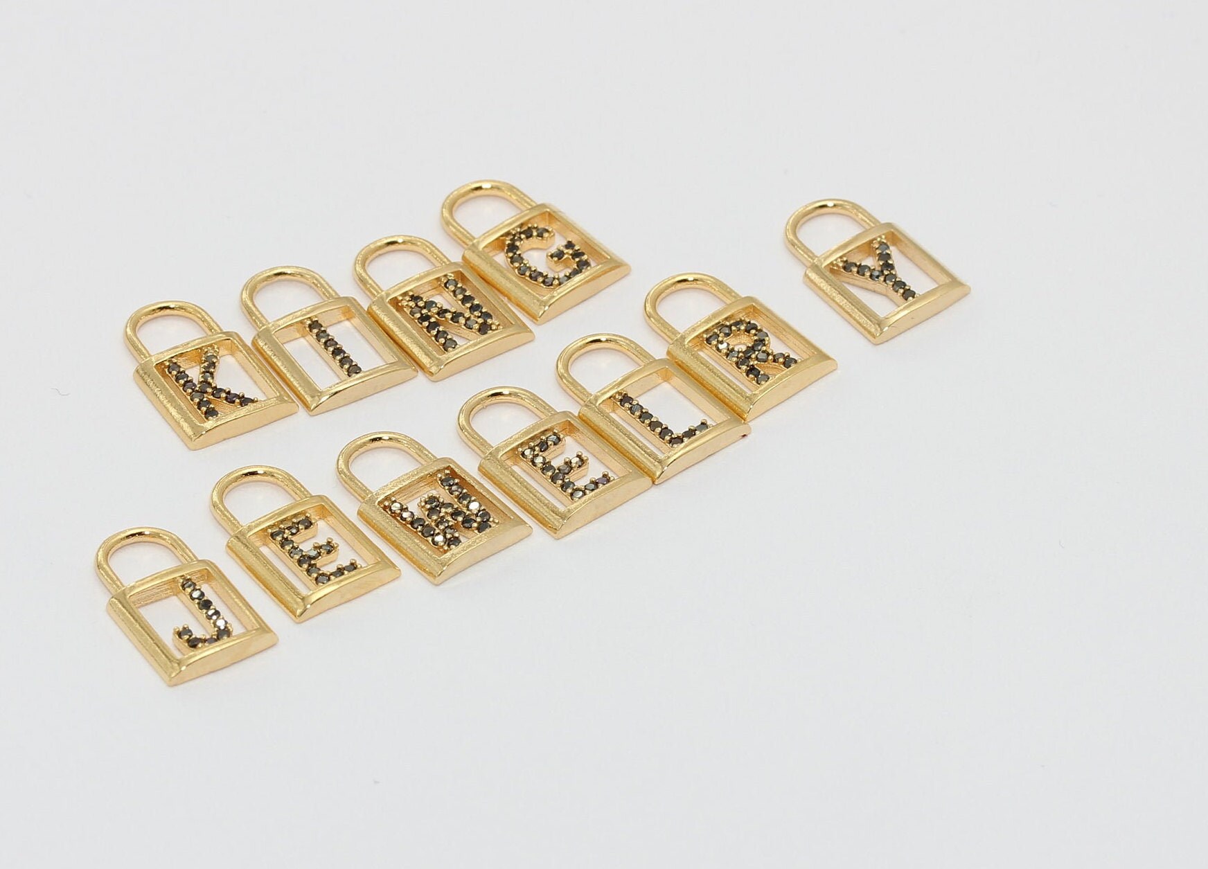 10x16mm 24k Shiny Gold Letter Charms, CZ Padlock Letter Beads, Black ...