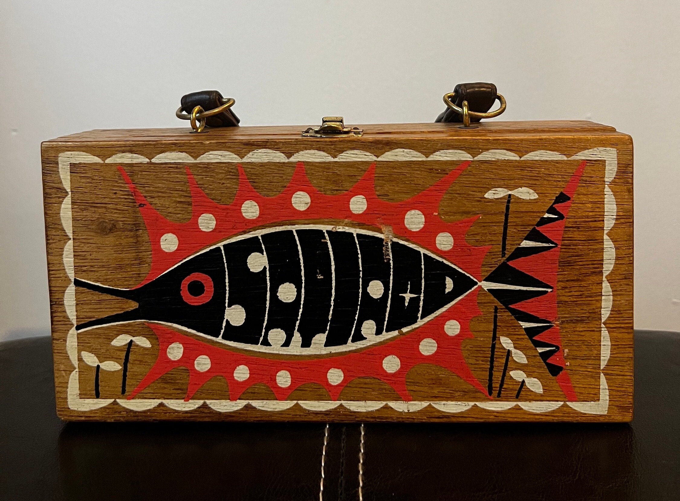 Vintage 1960s Simon Mod Painted Pink Fish Wood Box Bag Handbag With ...