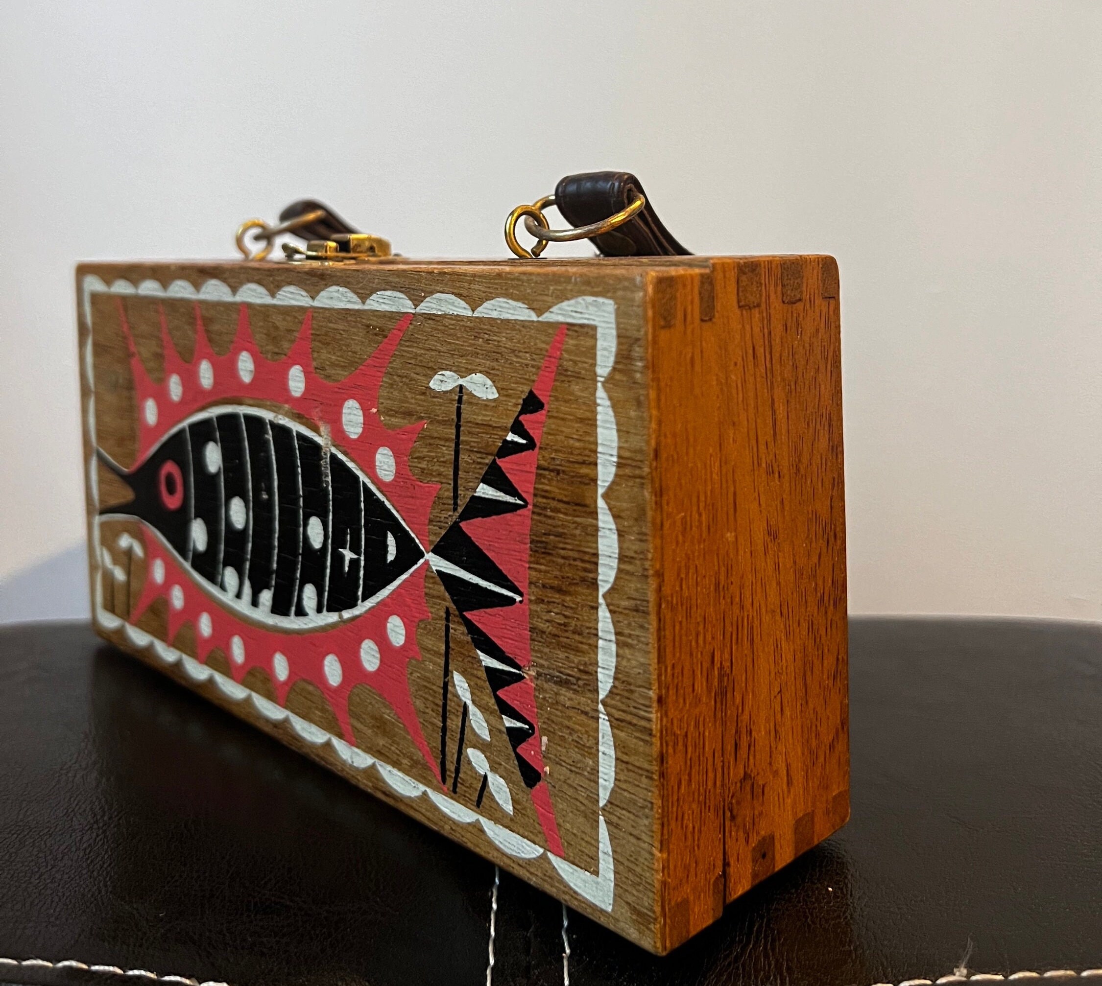 Vintage 1960s Simon Mod Painted Pink Fish Wood Box Bag Handbag With ...