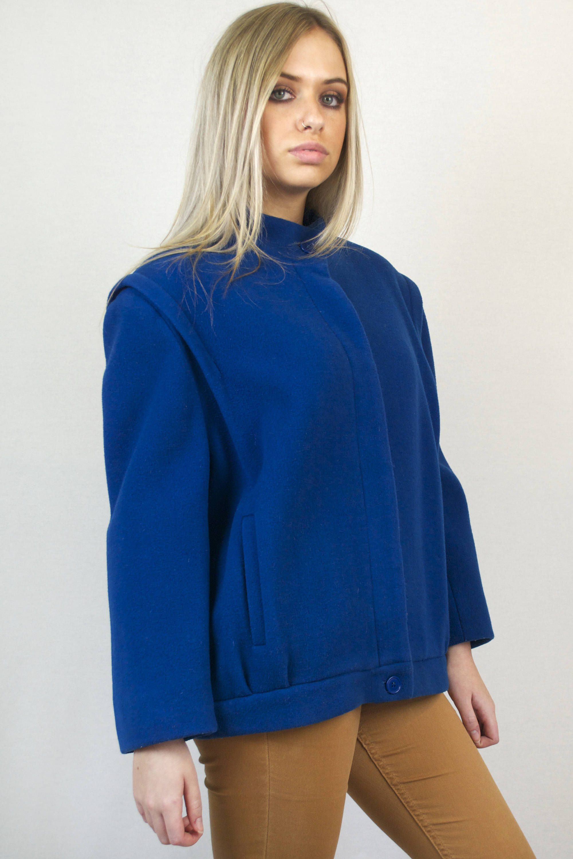 Vintage Fleece Jacket Blue Collarless High Mock Neck Structured Pleated ...