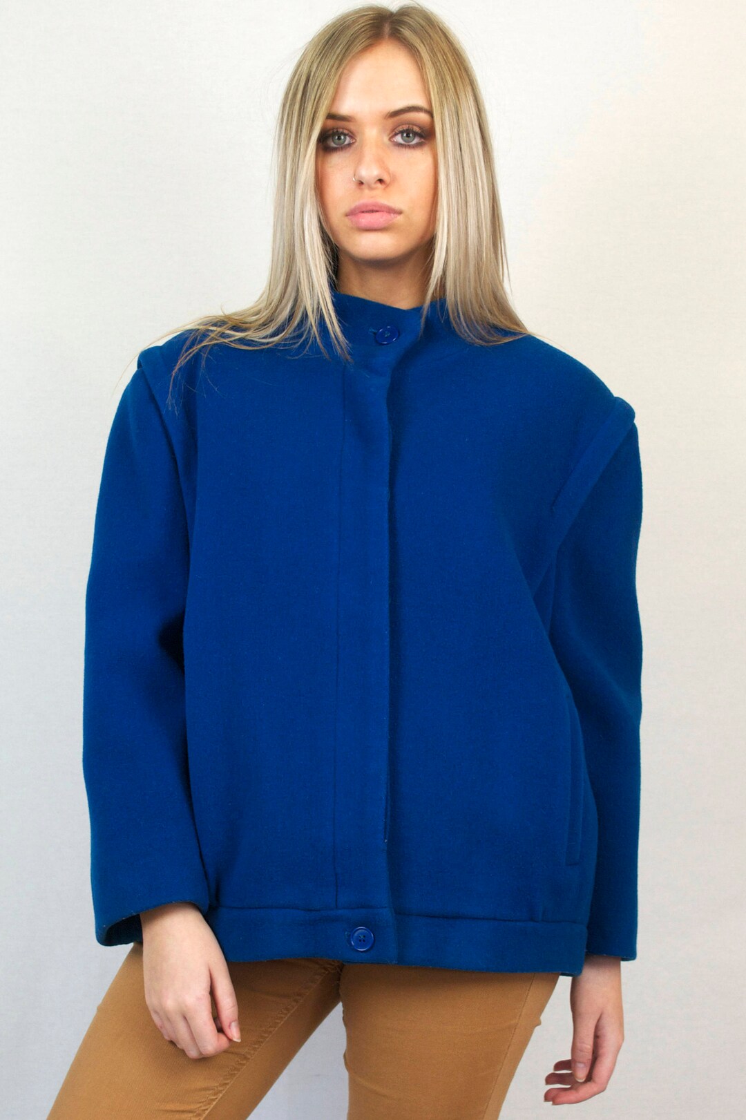 Vintage Fleece Jacket Blue Collarless High Mock Neck Structured Pleated ...