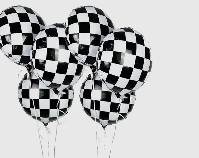 Black and White Racing Checkered Balloons | 6 Mylar Balloons, Race Car ...