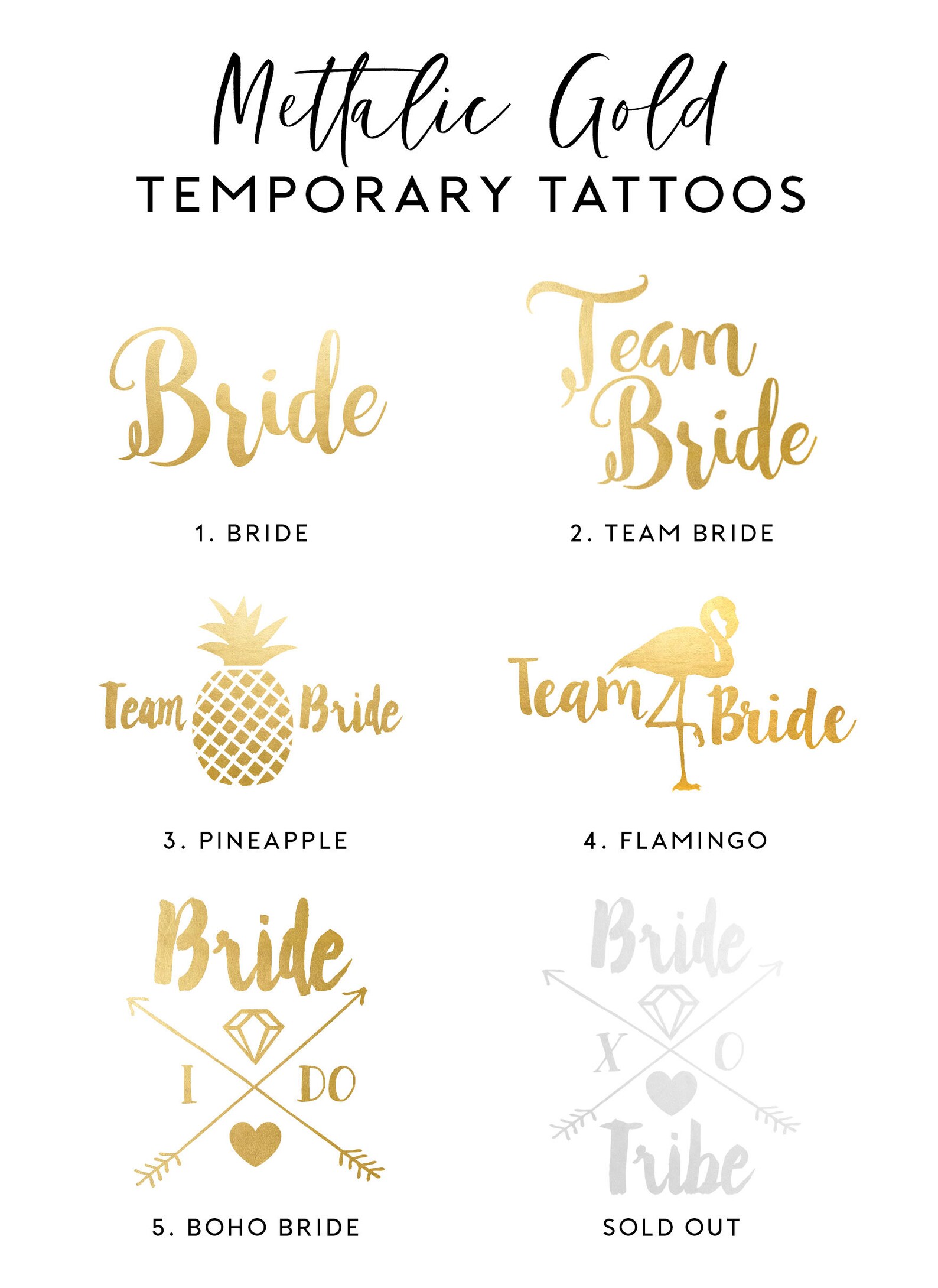 Team Bride Bachelorette Tattoos Metallic Gold Temporary | Etsy
