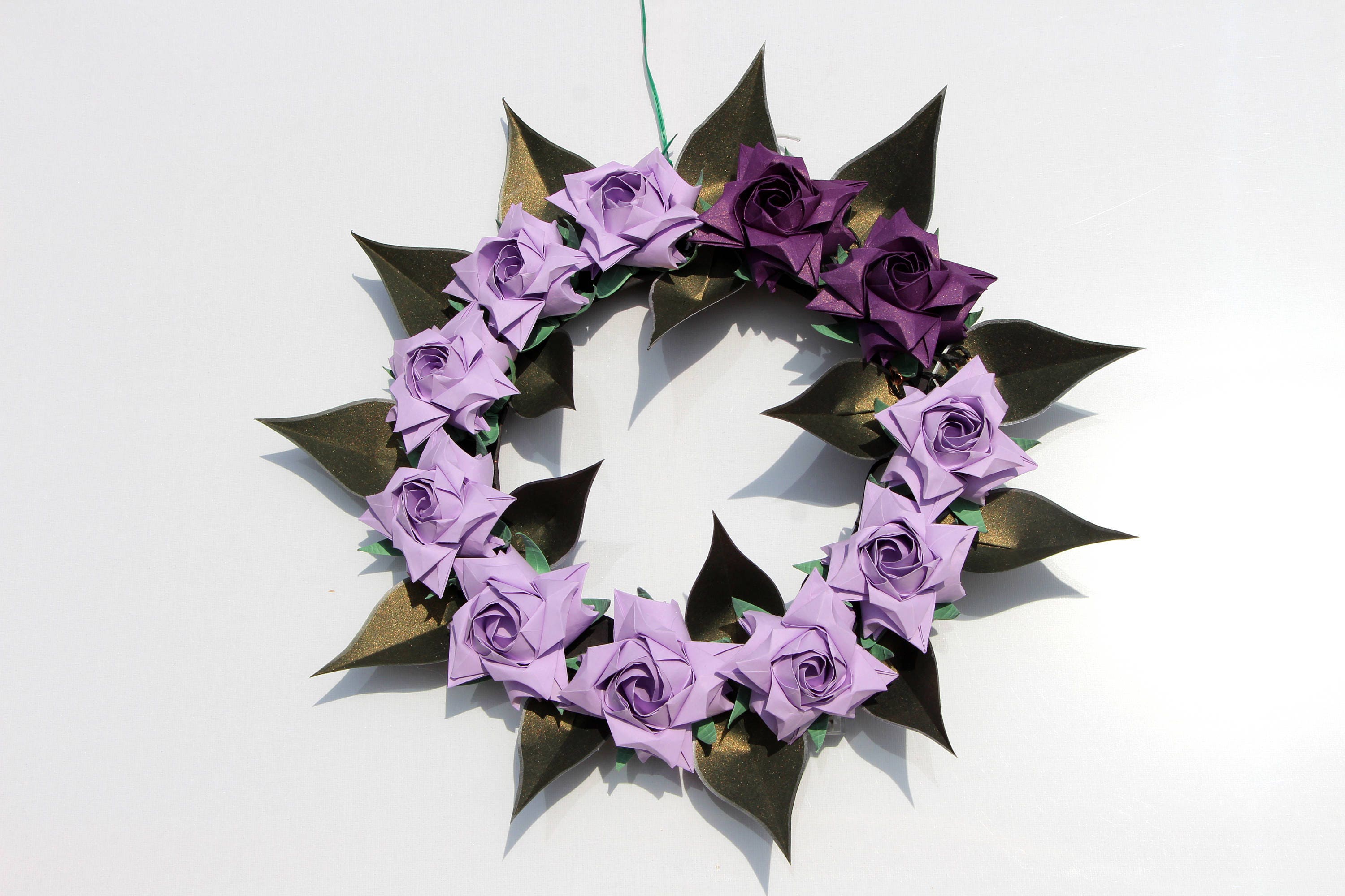 Purple & Lilac Origami Paper Flower Rose Wreath + Fairy Light, Wedding ...