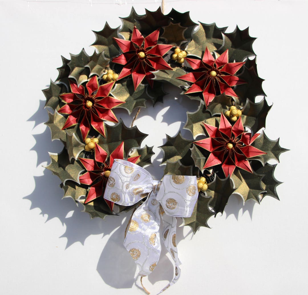 Christmas Origami Poinsettia Wreath With Fairy Light, Paper Flower With ...