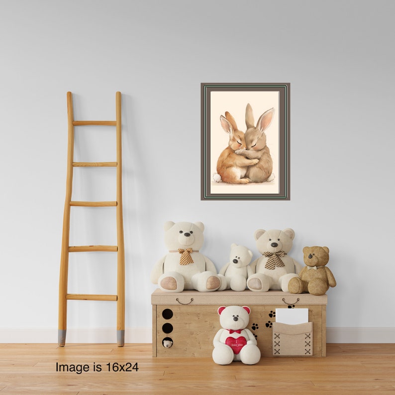 2 Bunnies Hugging Digital Print Bedroom Wall Art, Baby Animal Décor ...