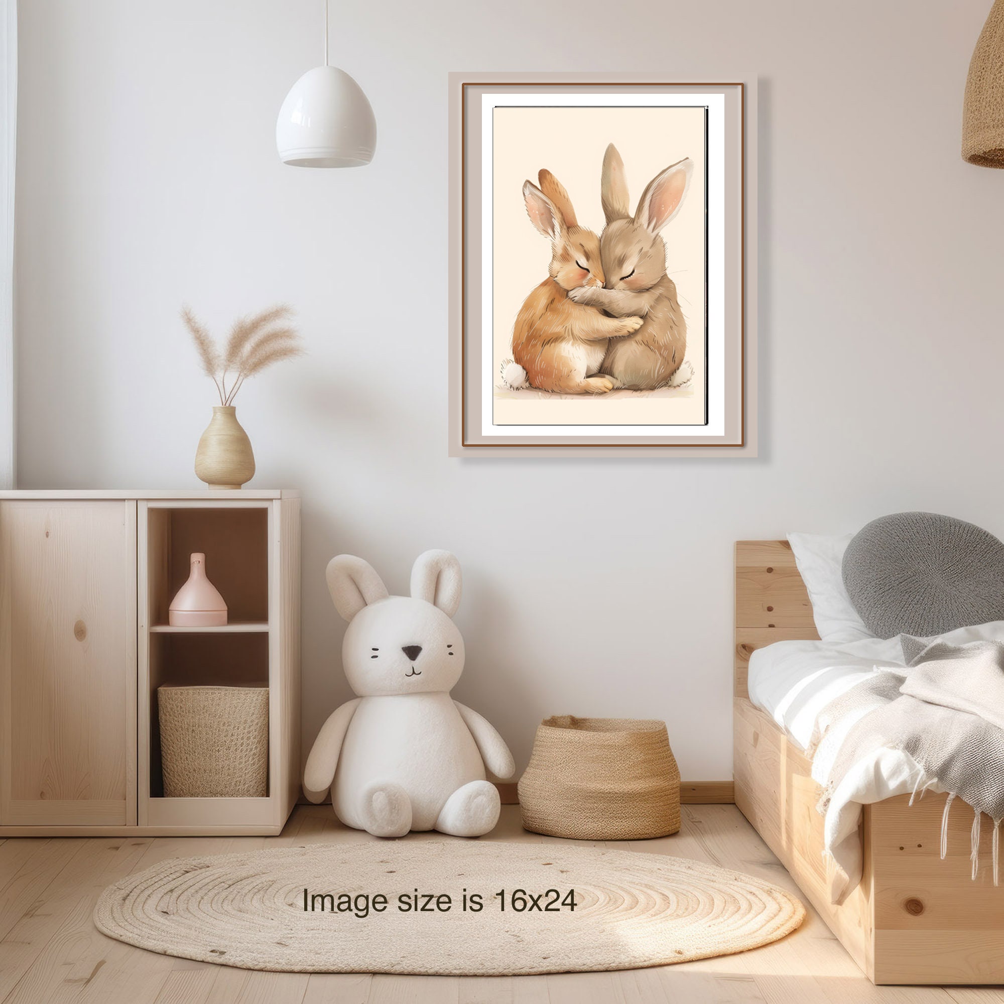 2 Bunnies Hugging Digital Print Bedroom Wall Art, Baby Animal Décor ...