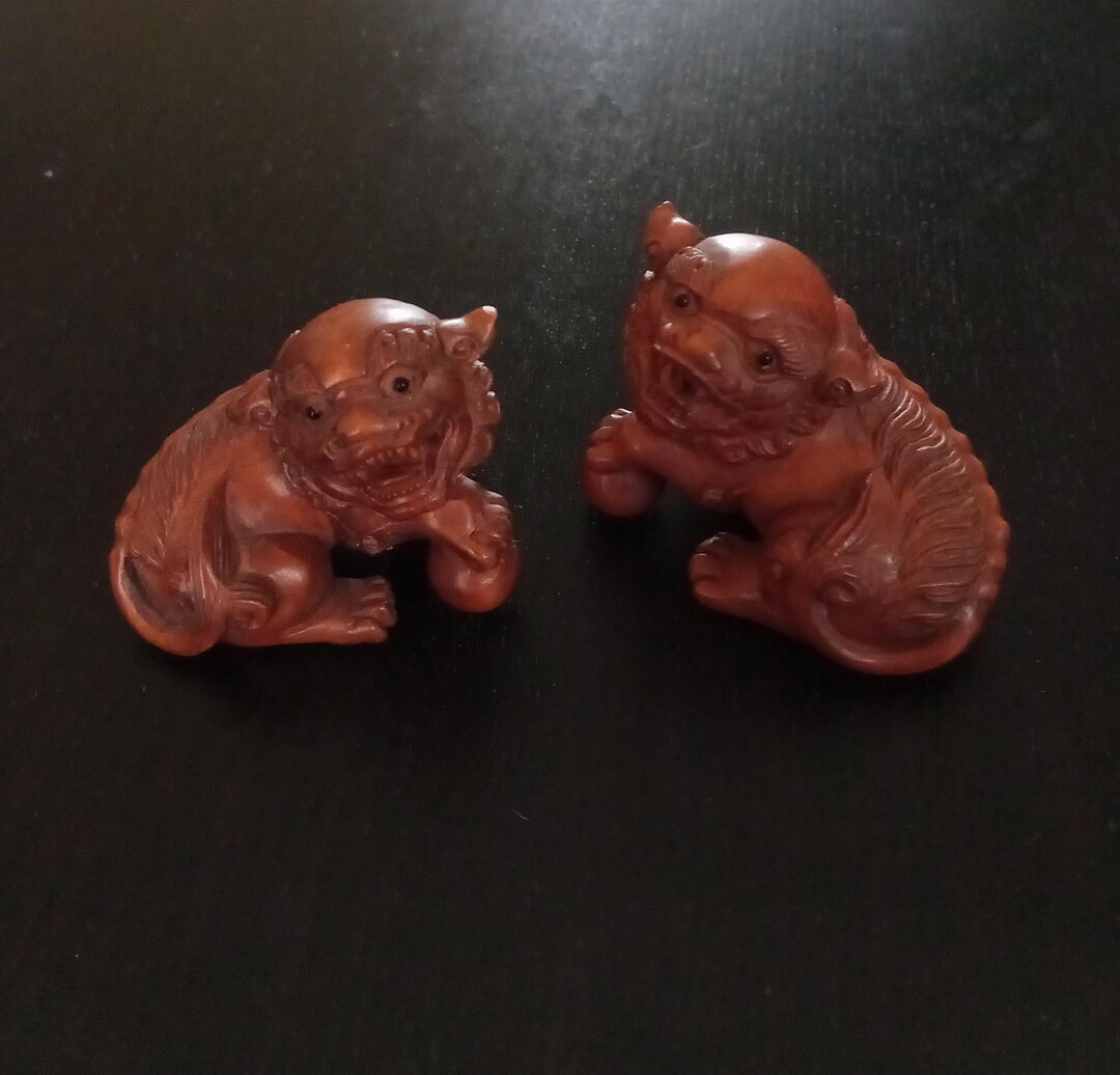 Carved Wooden Foo Dogs Netsuke Bead Figurines - Etsy