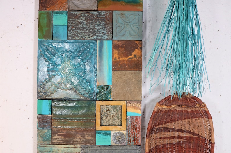 OOAK Big Tile Wall Decor Art Sculpture Relief Antique Patina Textured ...