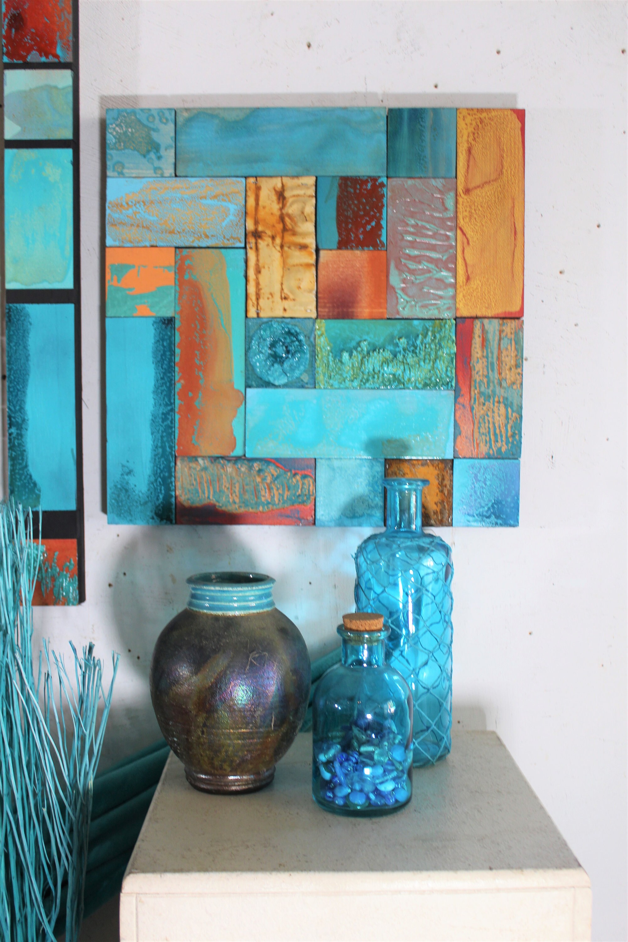 Big Wall Abstract Turquoise & Red Orange Art 3 Wood Metal Soul | Etsy