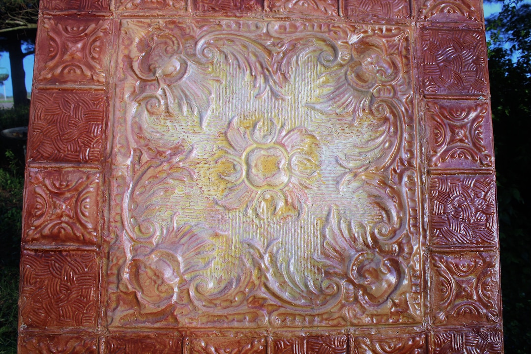 Antique French Pink Flower Panel Italian Glazed Metal Tile Panel 36 ...