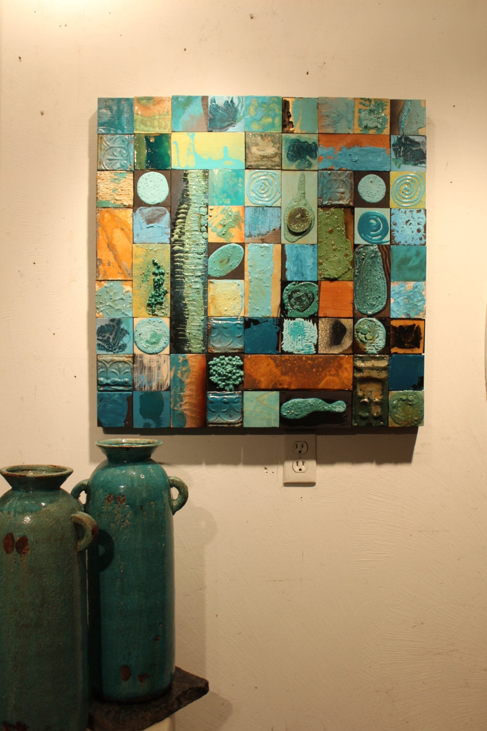 Large Turquoise Art Block Abstract Mid Century Modern "sacred Sky Stone ...