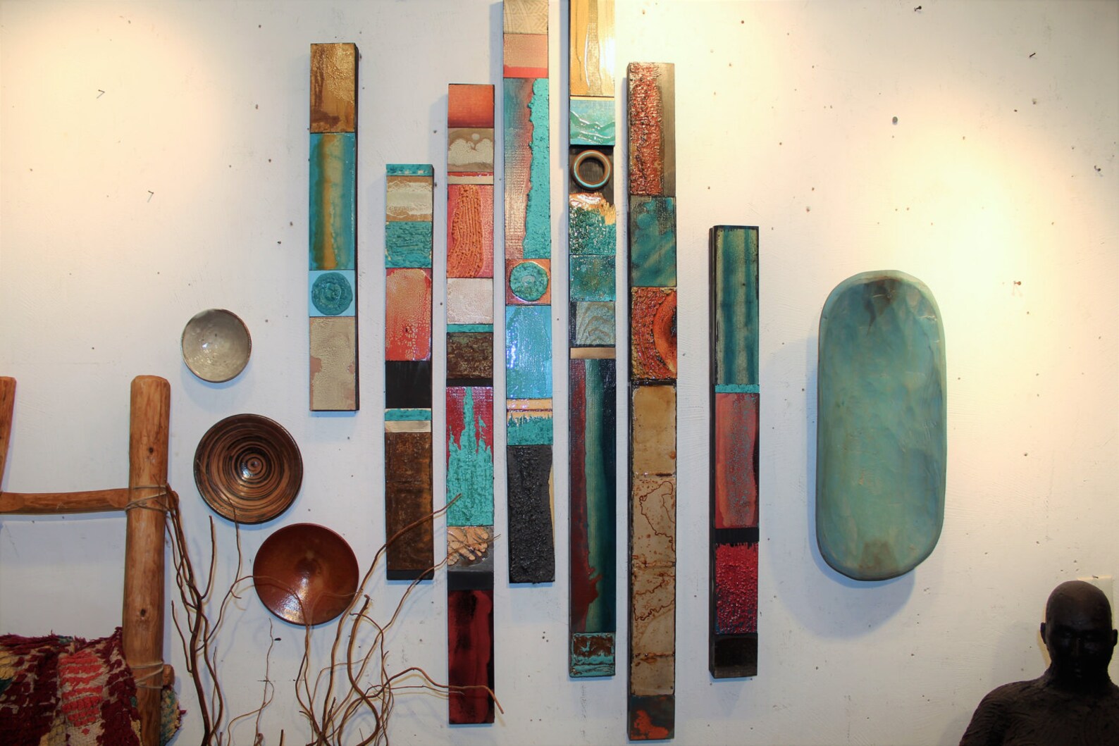 Abstract Modern Glazed OOAK Wood Distressed Metal Totems Set 3,5 or 9pi ...
