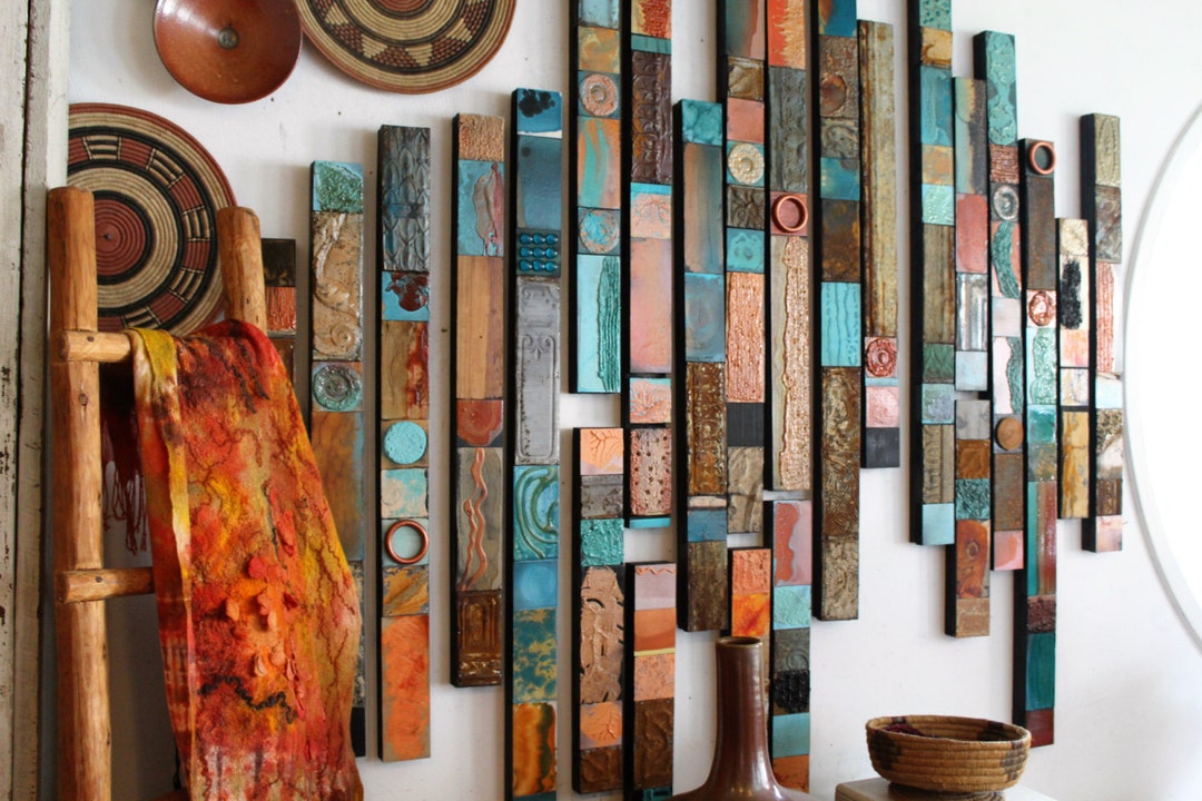 Totem Sticks Large Wall High Ceiling Wood Metal Glazed Modern Wall Art ...