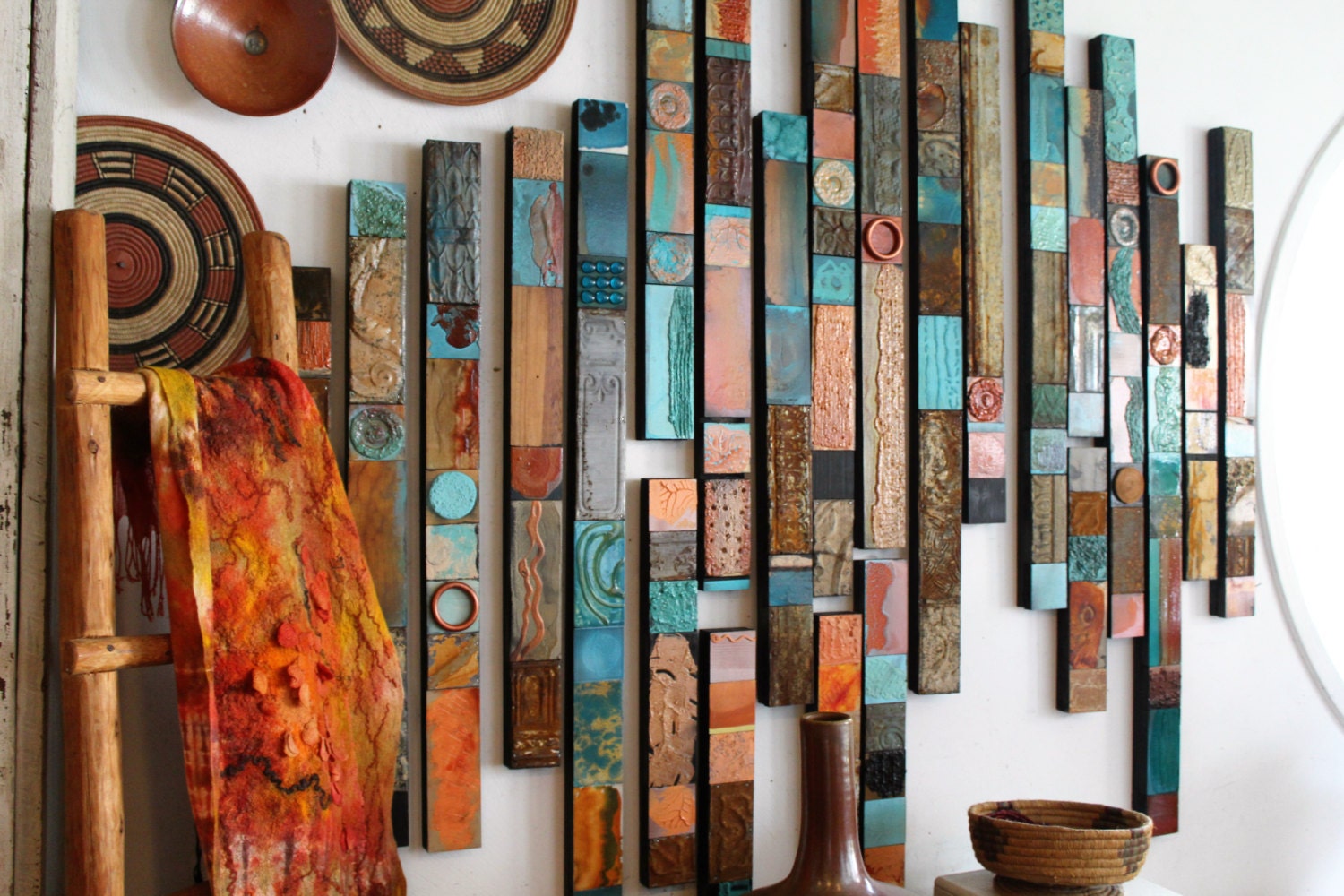 Totem Sticks Large Wall High Ceiling Wood Metal Glazed Modern Wall Art ...