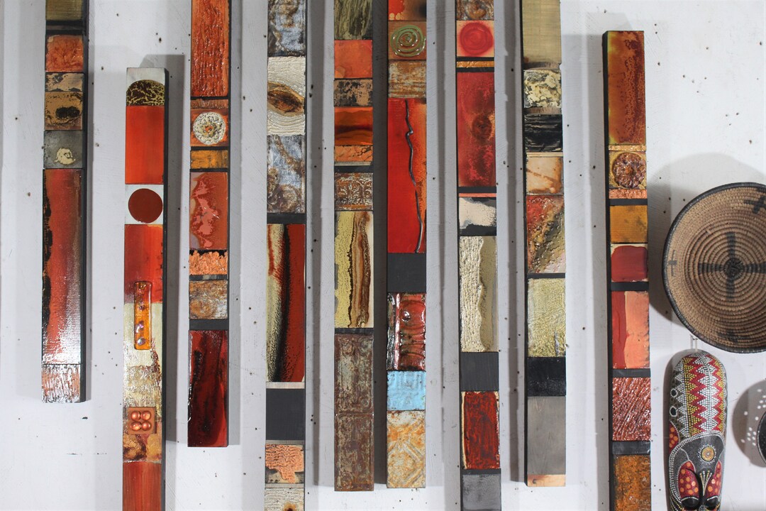 Tall Large Red Art Stick Poles Vertical Collages Glazed Wood Metal ...