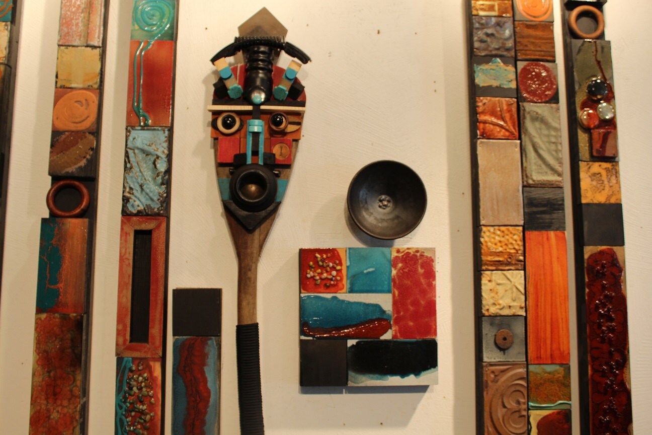 5 Wood Panels Metal Collage Sculpture Abstract Soul Totems Ceiling Tin ...