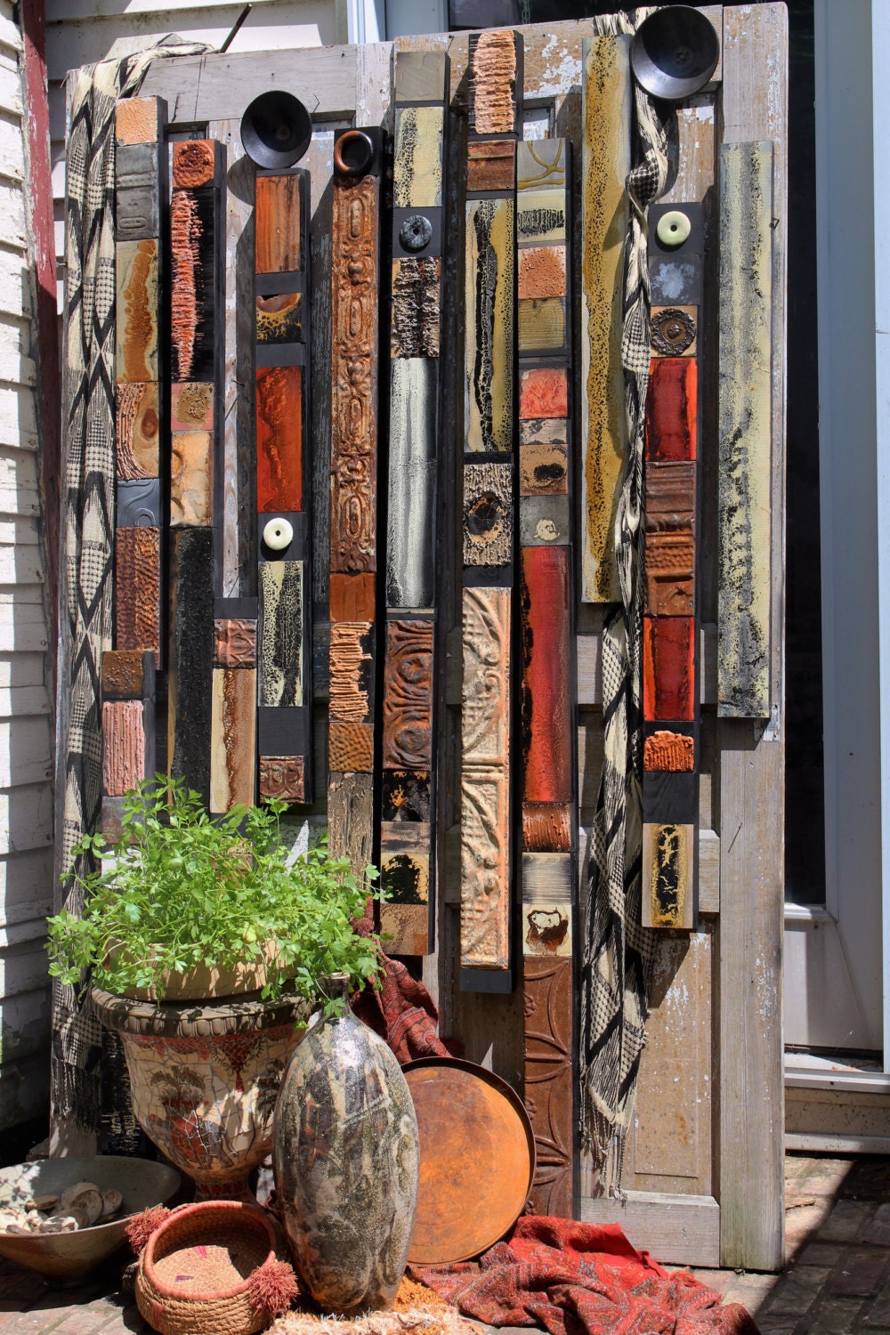 1 Abstract Color African Block Totem Collage Textural Wood Glaze ...
