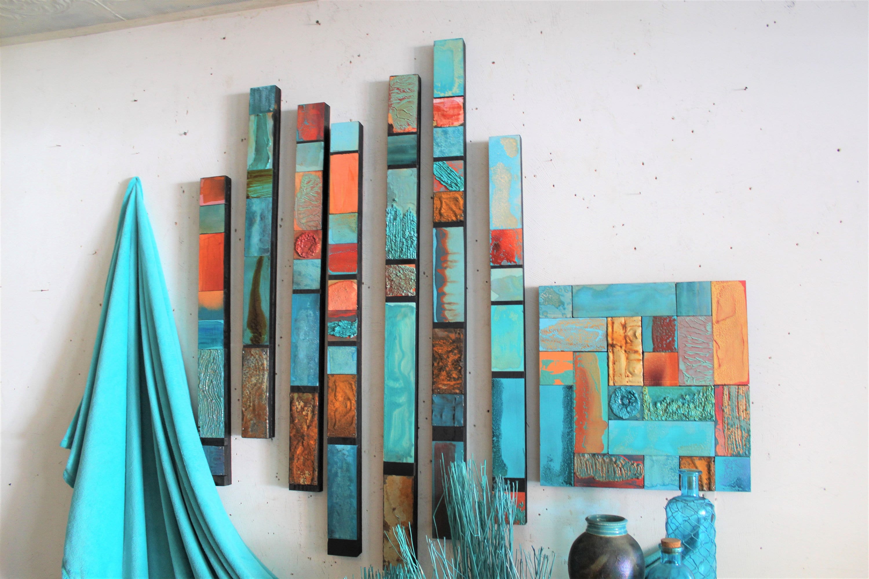 Big Wall Abstract Turquoise & Red Orange Art 3 Wood Metal Soul | Etsy
