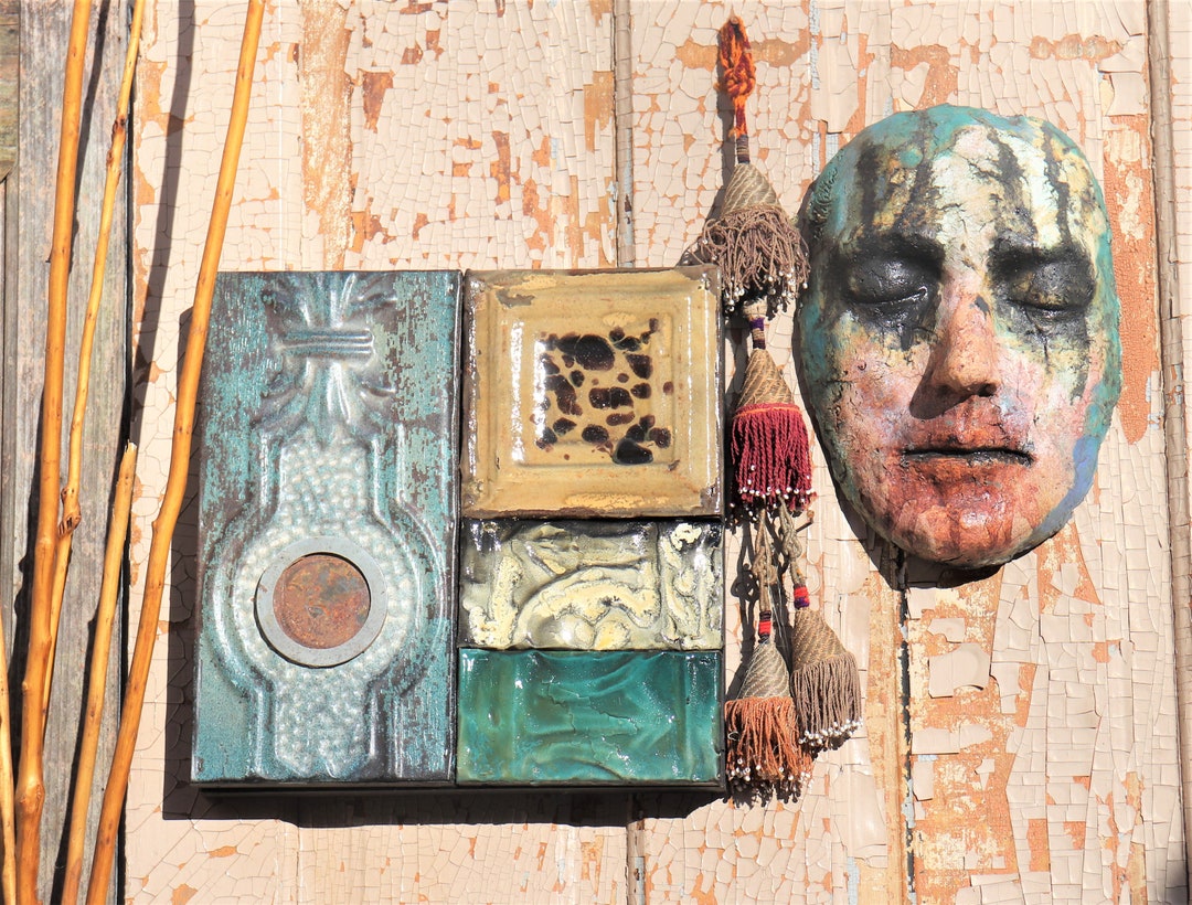 Abstract African Tribal Turquoise Metal Collages 12in Sq. Mid Century ...