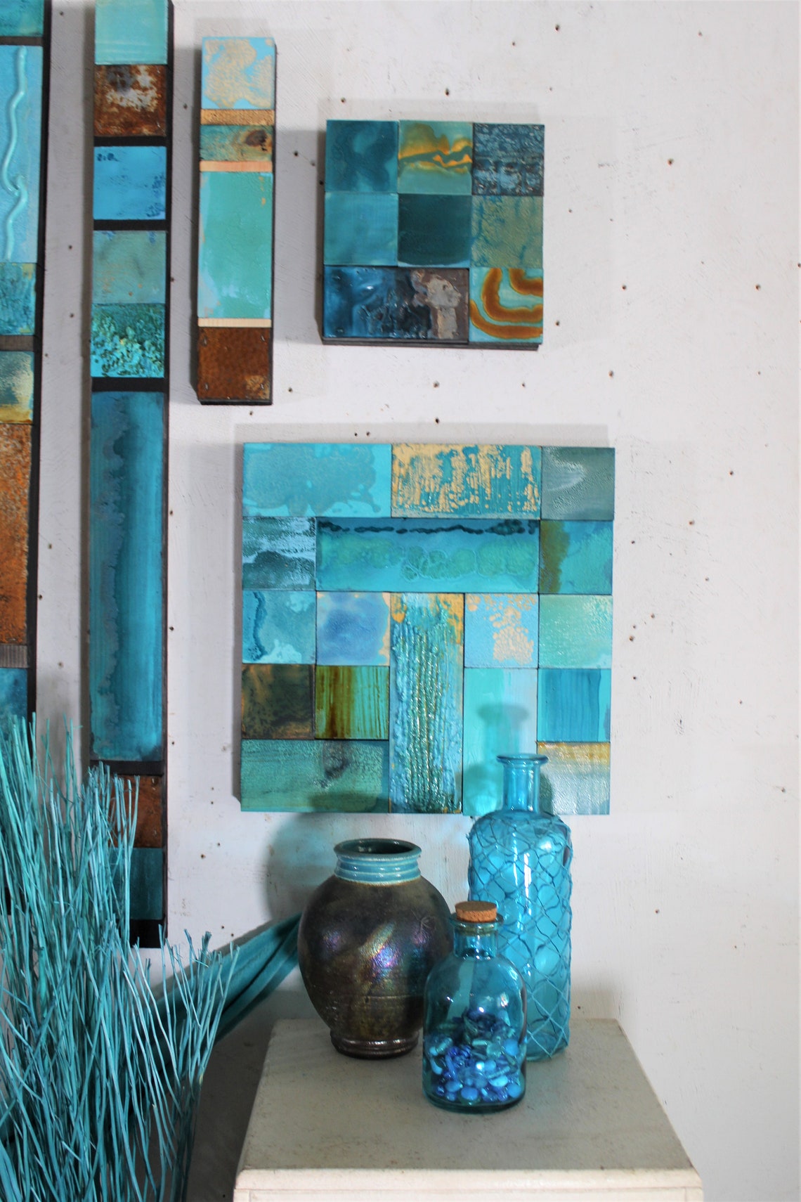 Huge Abstract Vertical Turquoise Trails Collages Wood & Metal - Etsy