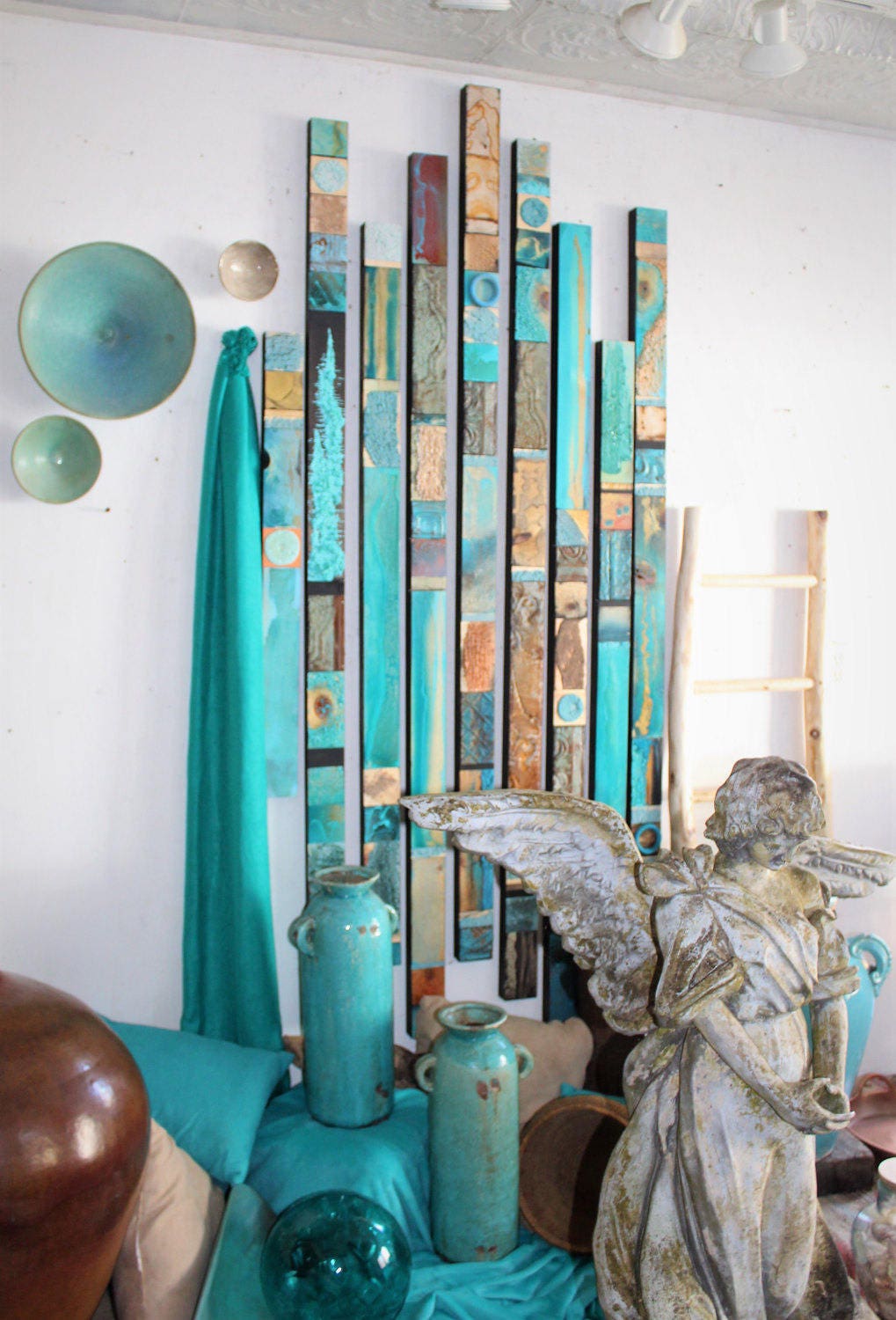 Island Tribal Turquoise Blue Sea Greens Mixed Media Large Metal Wood ...