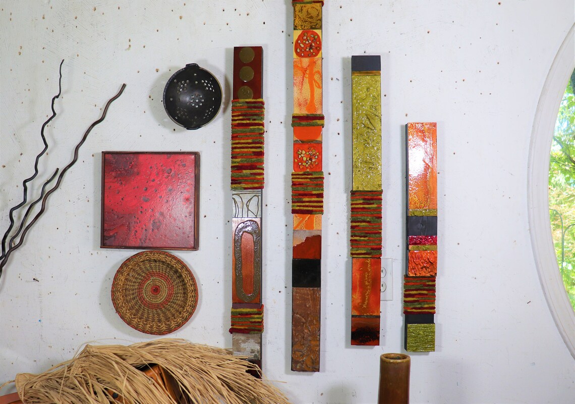 1 Red Orange Yellow Textile Wood Metal Texture Totem Sticks - Etsy