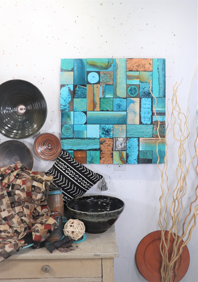 Large Wall Abstract Organic Color Textural Turquoise Collage | Etsy