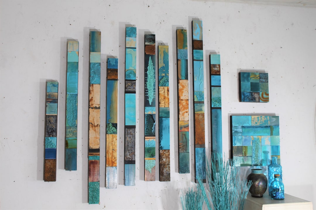 Huge Abstract Vertical Turquoise Trails Collages Wood & Metal Wall ...