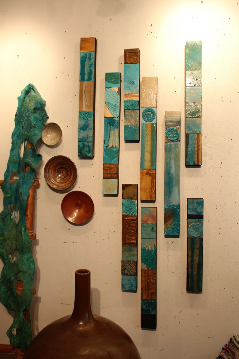 Abstract Modern Glazed OOAK Wood Distressed Metal Totems Set 3,5 or 9pi ...