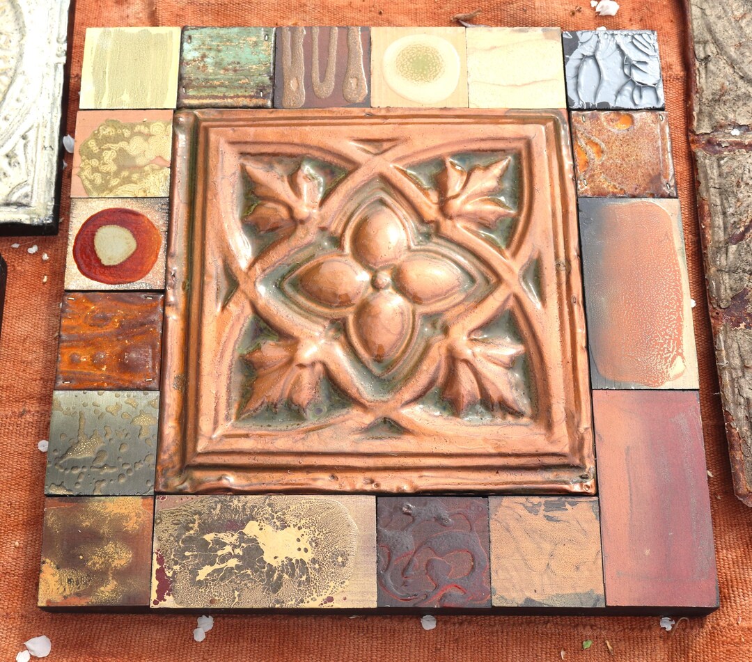 Mixed Media Tile Collage Rare Arts Craft Art Nouveau Ceiling Tin Tile ...