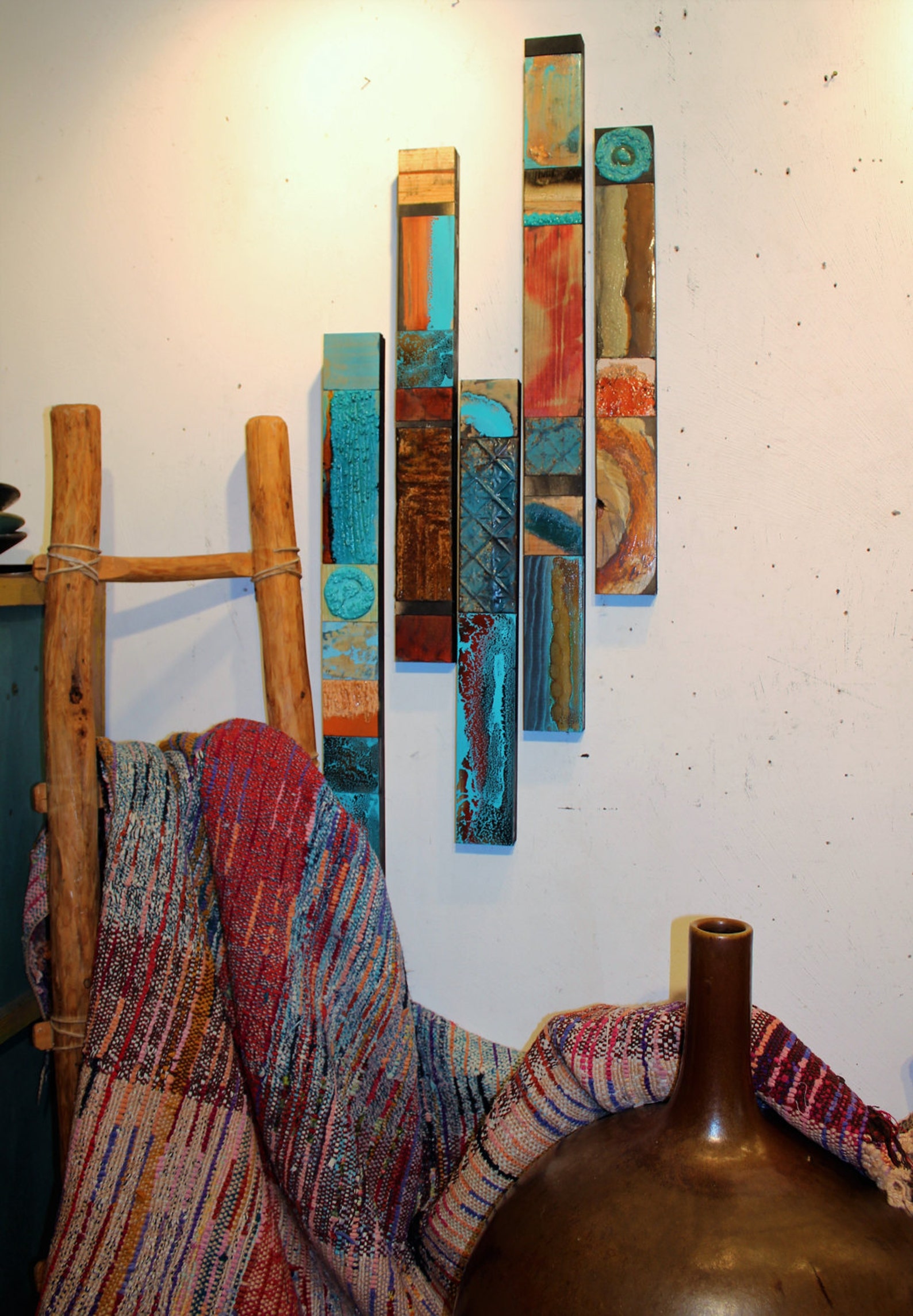 Reclaimed Large Wall 5 Plus Totems Turquoise Wood Recycled Tin Metal ...