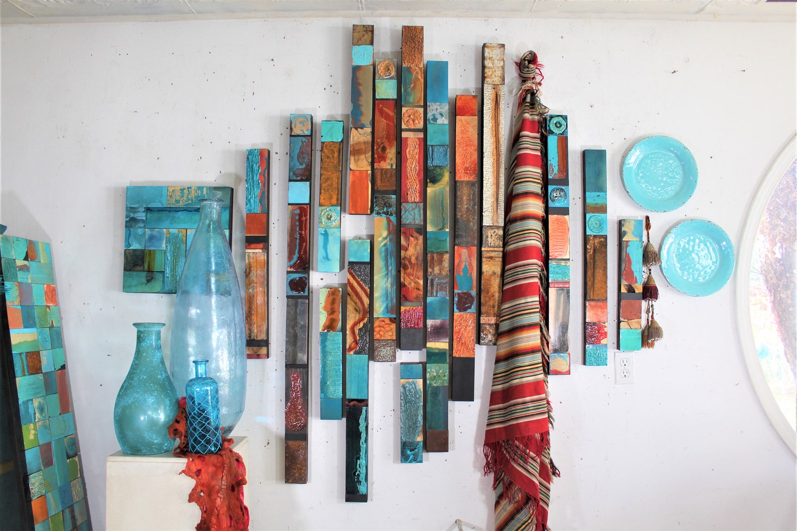 Reclaimed Large Wall 5 Plus Totems Turquoise Wood Recycled Tin Metal ...