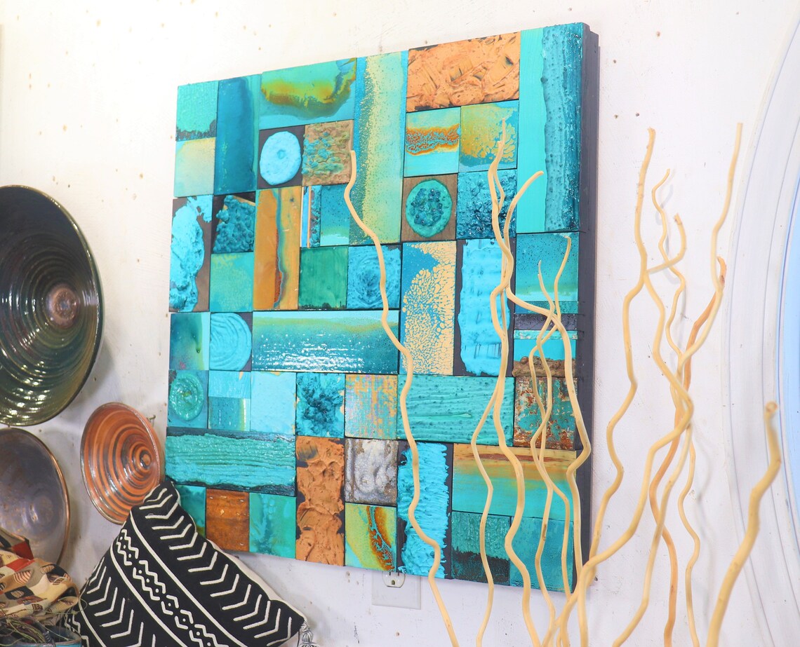 Large Wall Abstract Organic Color Textural Turquoise Collage | Etsy