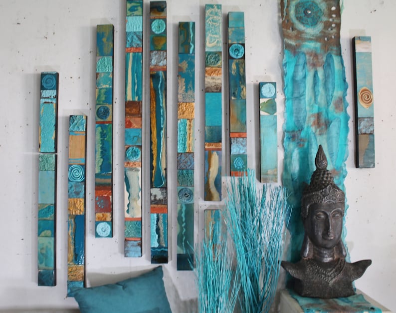 9 Lg. Abstract Sea Blue Bohemian Turquoise Tribal Wood Metal Totem Wall ...