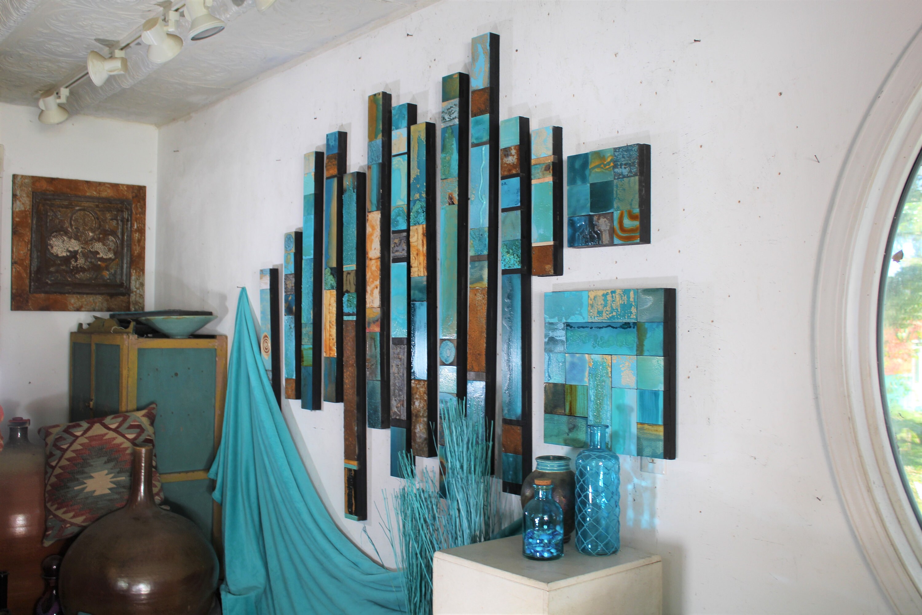 Big Wall Abstract Turquoise & Red Orange Art 3 Wood Metal Soul | Etsy