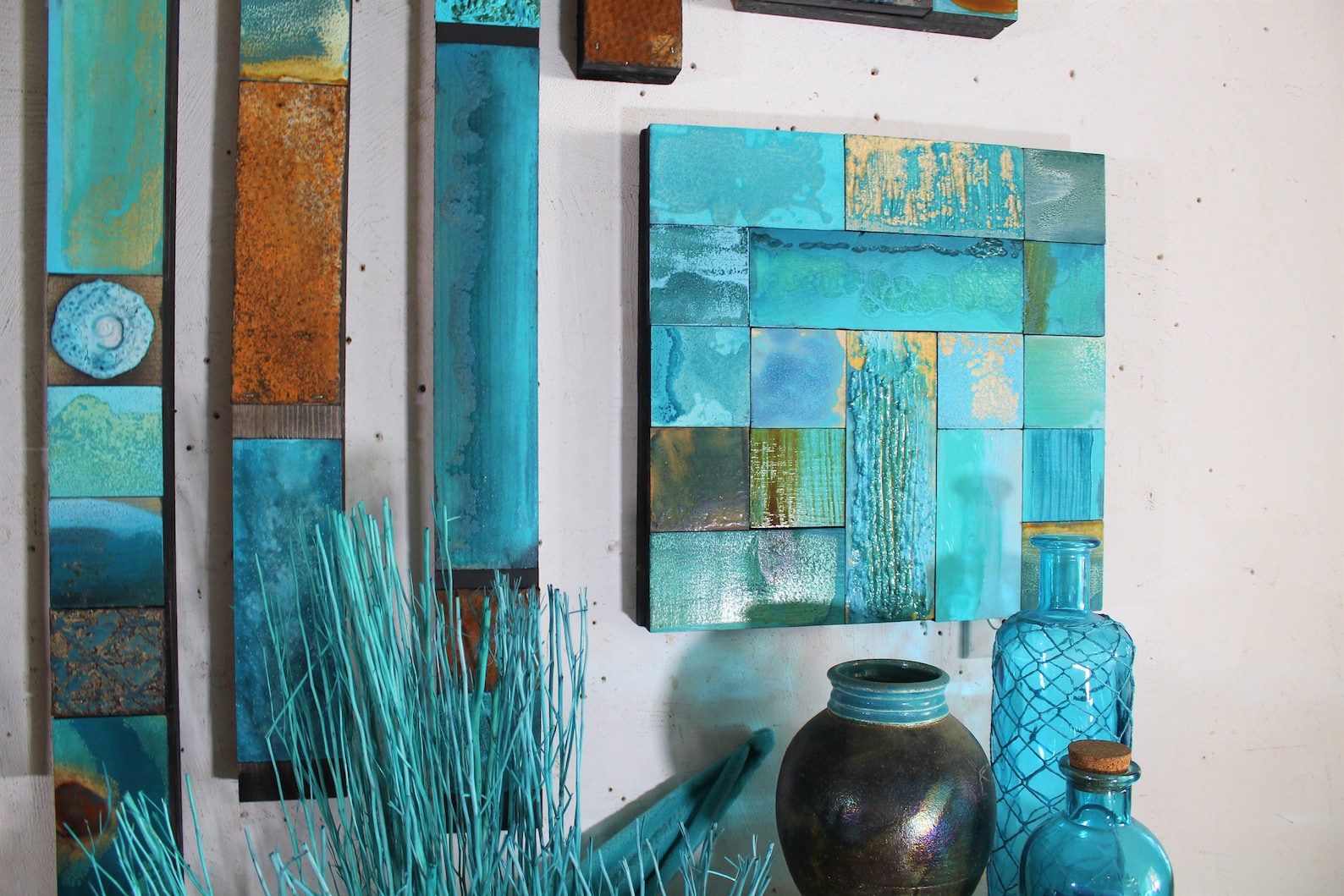 Turquoise Native American Indian Style Tin Wall Grouping. Mid-century ...