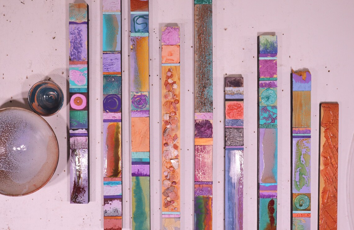 Wood & Metal Abstract Modern Home Wall Sticks Hand Painted | Etsy