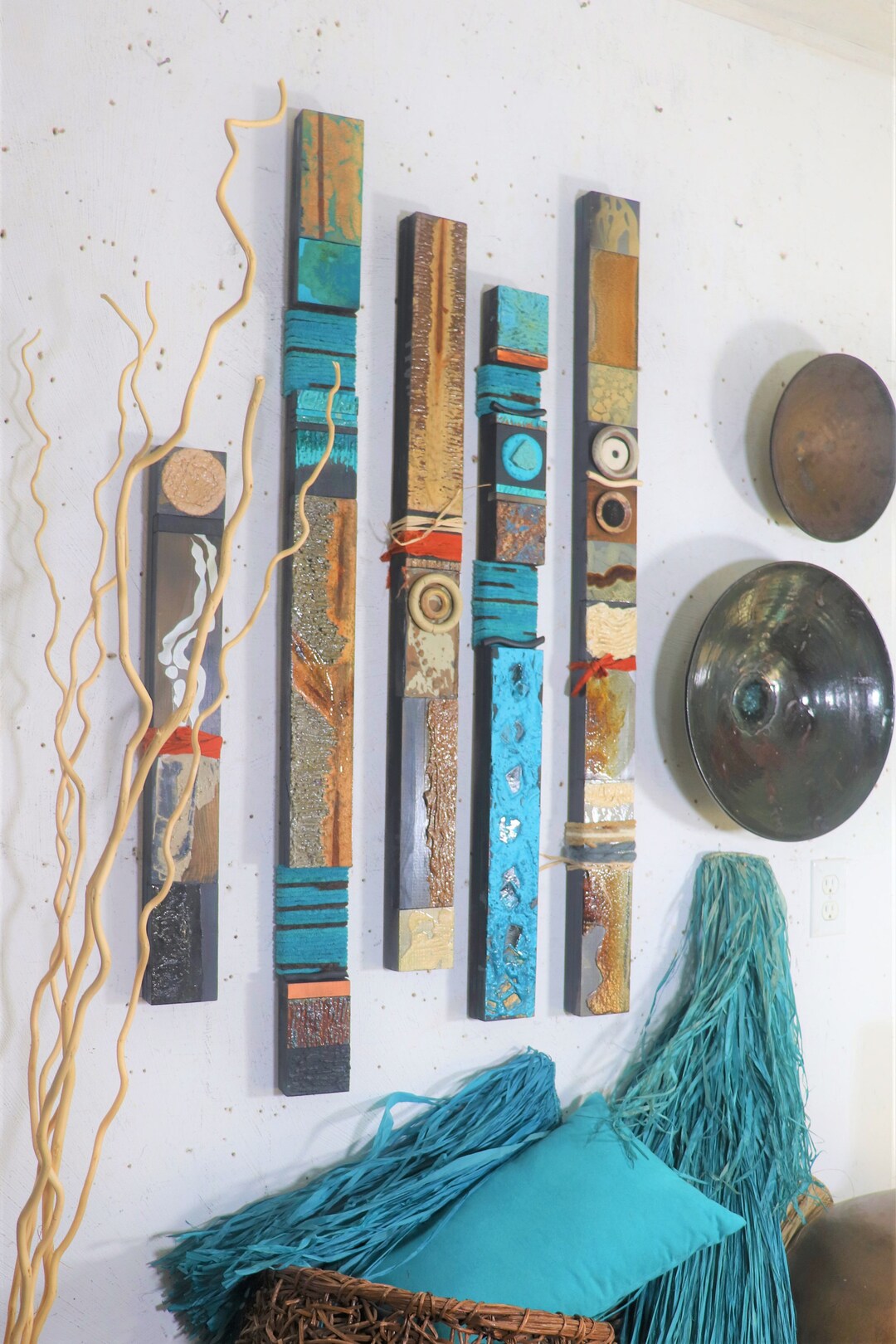 Stunning Indian Tribal Turquoise Wood Sculpture Mixed Media Collages ...