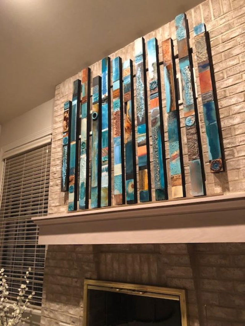 Abstract Modern Glazed OOAK Wood Distressed Metal Totems Set 3,5 or 9pi ...