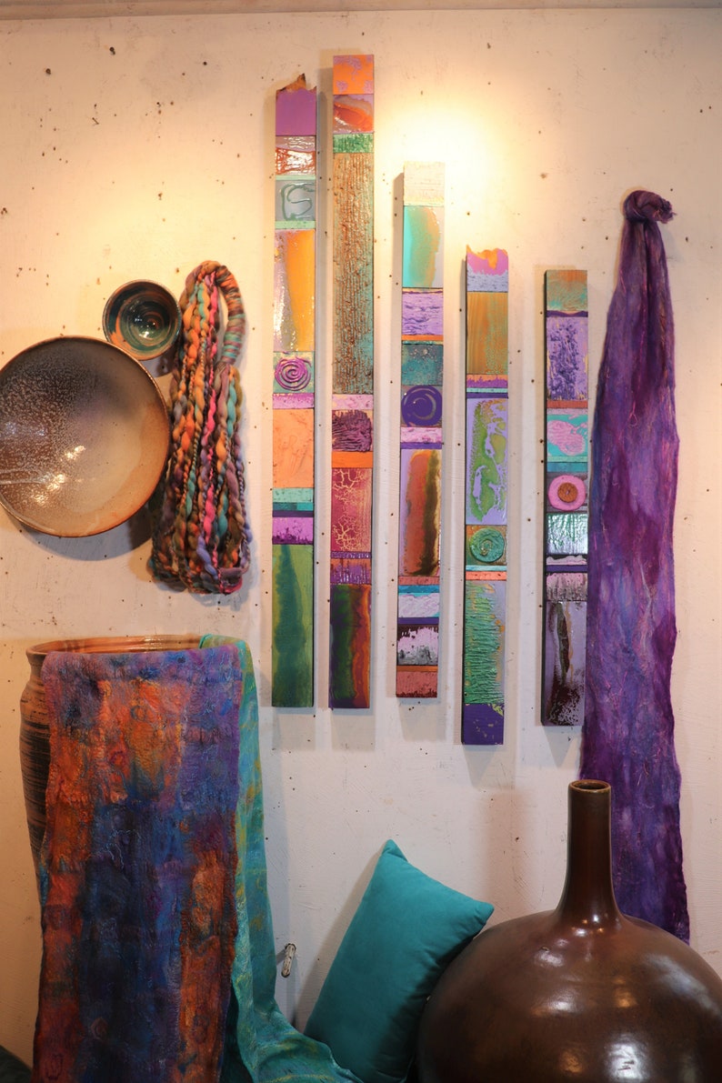 Wood & Metal Abstract Modern Home Wall Sticks Hand Painted | Etsy