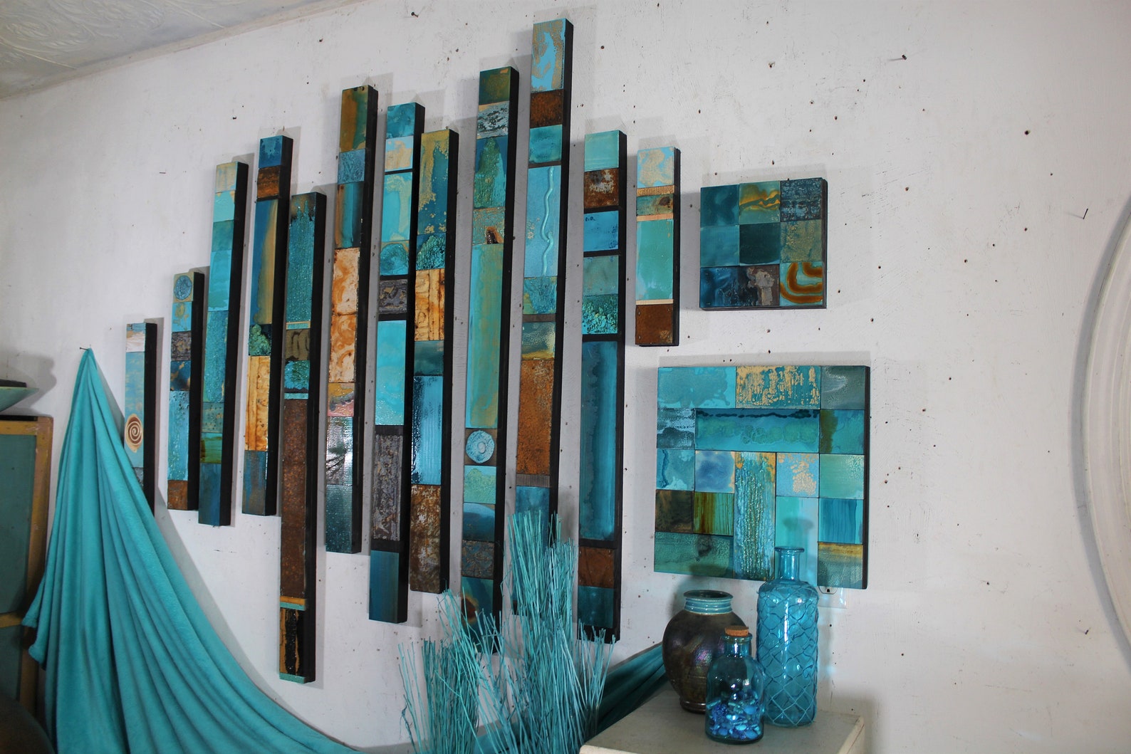 Huge Abstract Vertical Turquoise Trails Collages Wood & Metal - Etsy