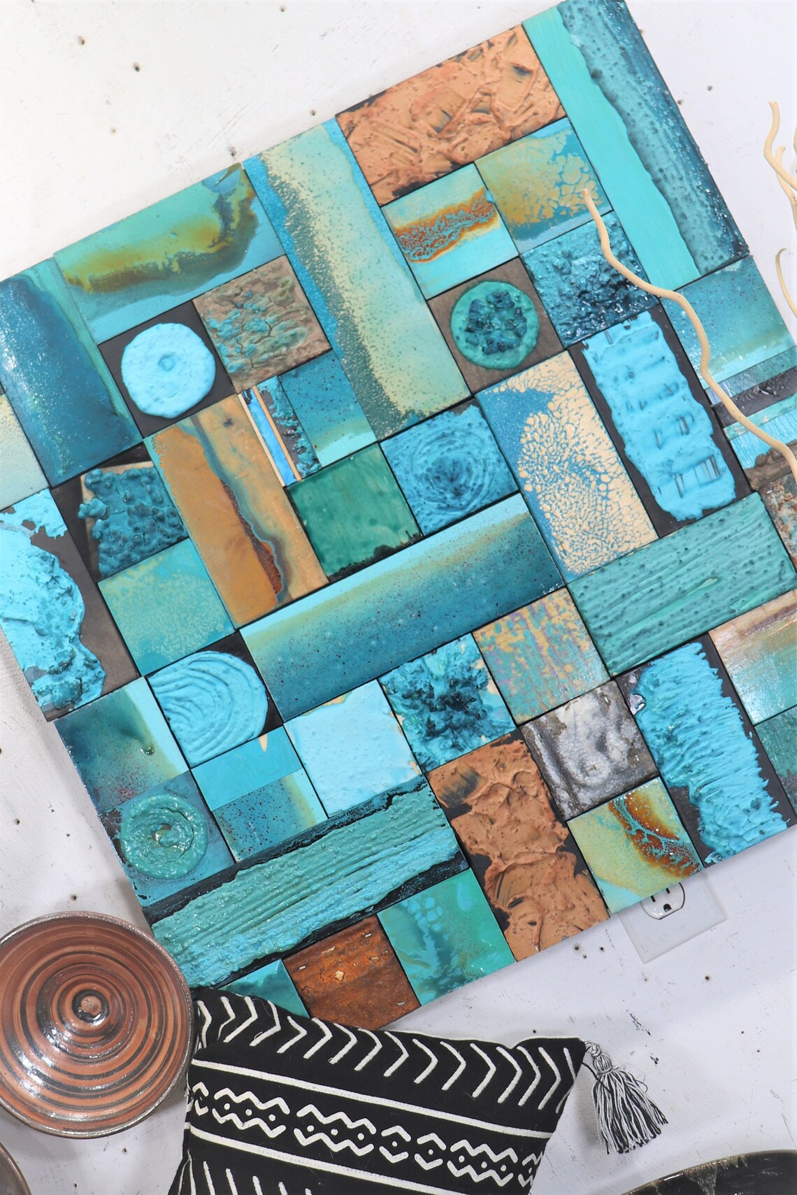 Large Turquoise Art Block Abstract Mid Century Modern - Etsy