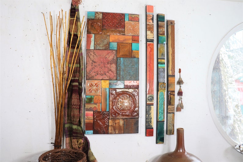 1 Big Tile Abstract Southwest Latin Tribal Turquoise Vintage Wood Metal ...