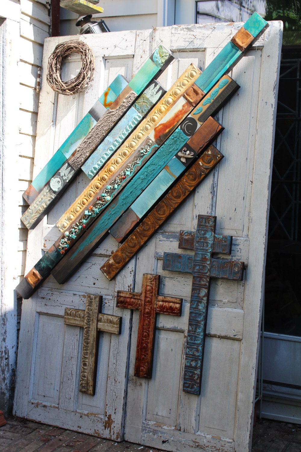 Turquoise Native American Indian Style Tin Wall Grouping. Mid-century ...